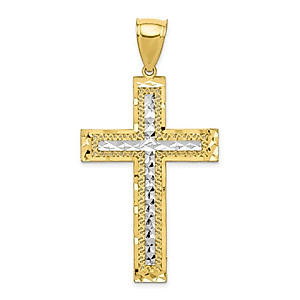 Solid 10k Yellow Gold Two Toned Diamond-Cut Cross Pendant Charm - 55mm x 28mm