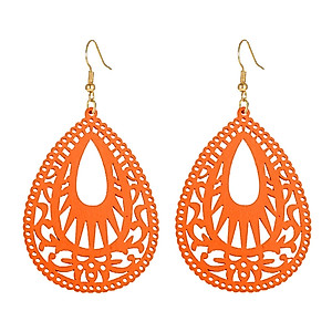 MALOYANVE Bohemian Wood Earrings for Women Handmade Natural Retro Lightweight Teardrop Geometric Hollow Wooden African Dangle Drop Geometric Statement Earrings Boho Vintage Ethnic (Orange)