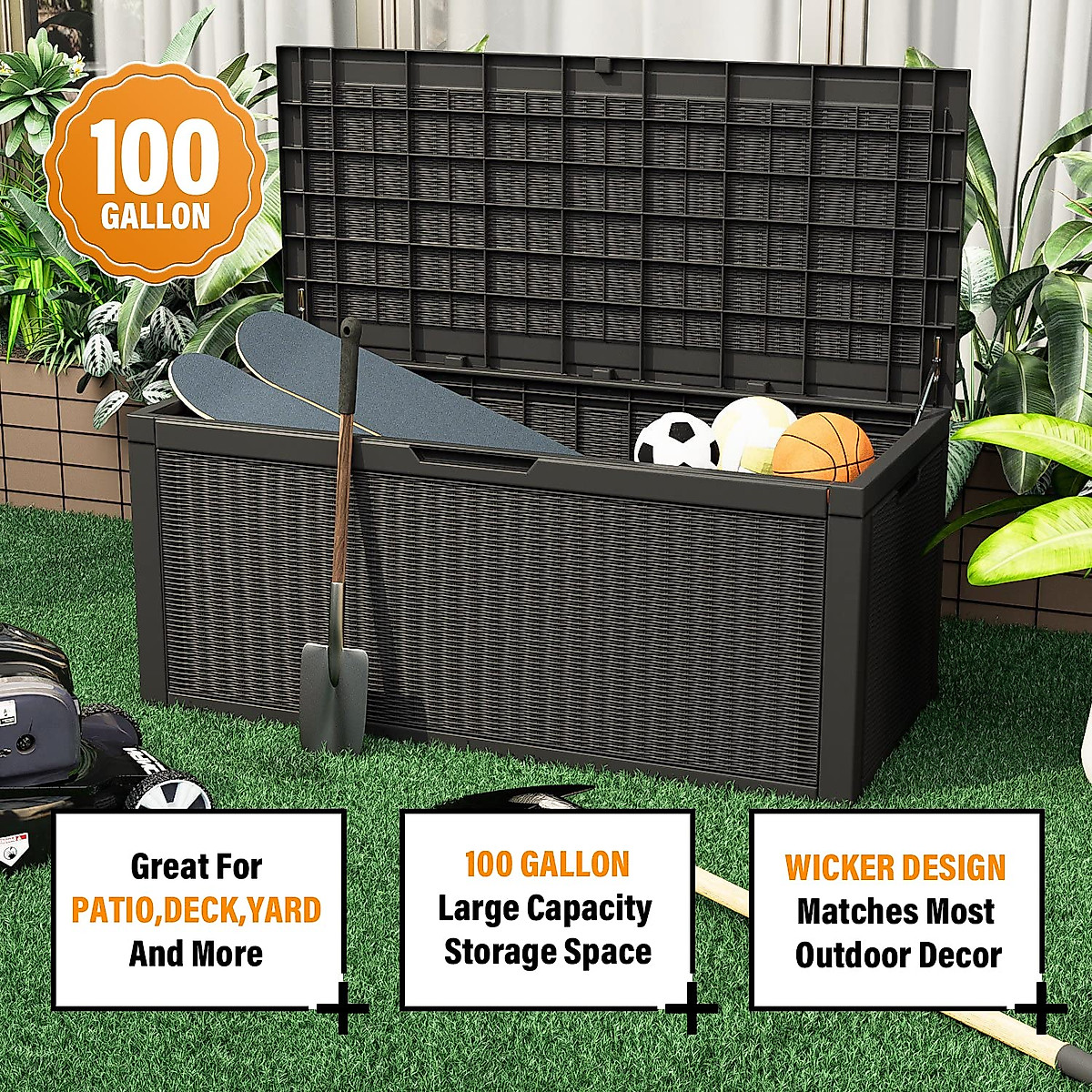 PayLessHere 100 Gallons Deck Box Multifunctional Storage Box Waterproof Outdoor Storage Pool Storage Box Bench with keyhole for Indoor/Outdoor Garden Pool Patio Storage