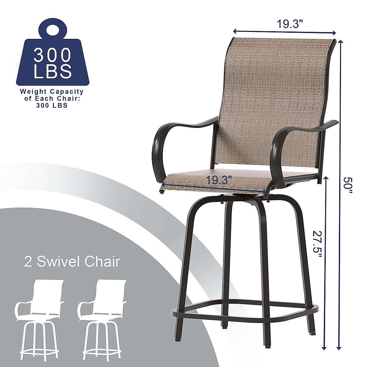 UDPATIO Patio Swivel Bar Stools Chair of 2, Outdoor Bar Height Set, All Weather High Back and Armrest Patio Stools & Bar Chairs for Backyard, Lawn Garden, Balcony and Pool, Brown