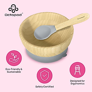 Abiie Octopod Bamboo Dish - Fun Kids Bowls for 4 months and up, Bamboo Suction Bowl, High-Chair Bamboo Baby Bowls, Mess-Free Toddler Suction Bowls, Ergonomic Baby Feeding Supplies, 5.7 x 3 x 5.7 in
