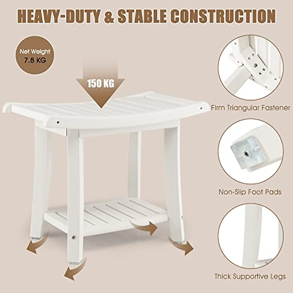 COSTWAY Shower Bench for Inside Shower, Waterproof Shower Seat Stool with Storage Shelf for Shaving Legs and SPA, Bath Shower Chair for Seniors Adults Disabled (Creamy White)