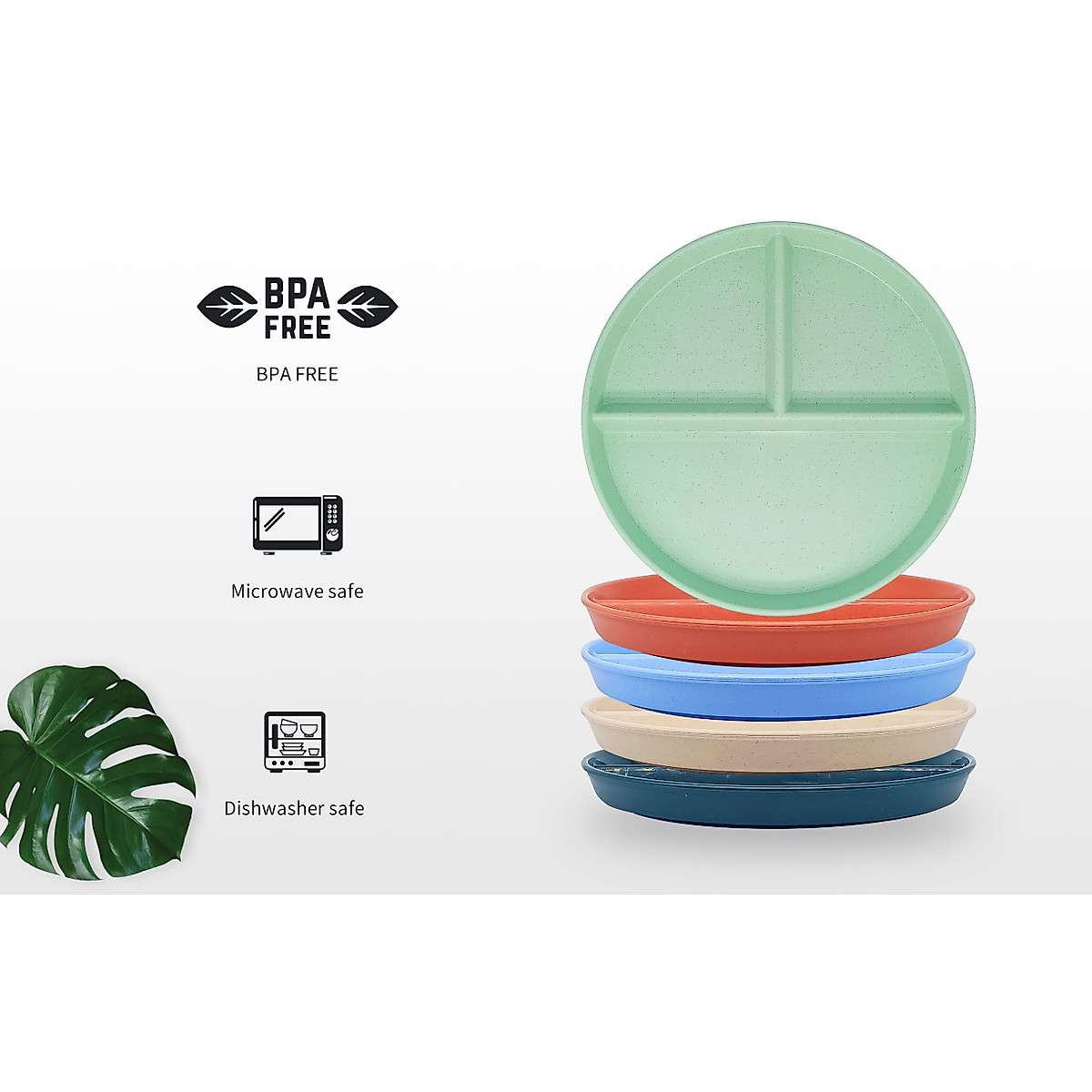 DLF. DONGLINFENG Adult Compartmentalized Dinner Plates 5-Piece Set Unbreakable Portion Control Wheat Plastic Dinner Plates (Compartmentalized Plates/Picnic Plates) 9 In