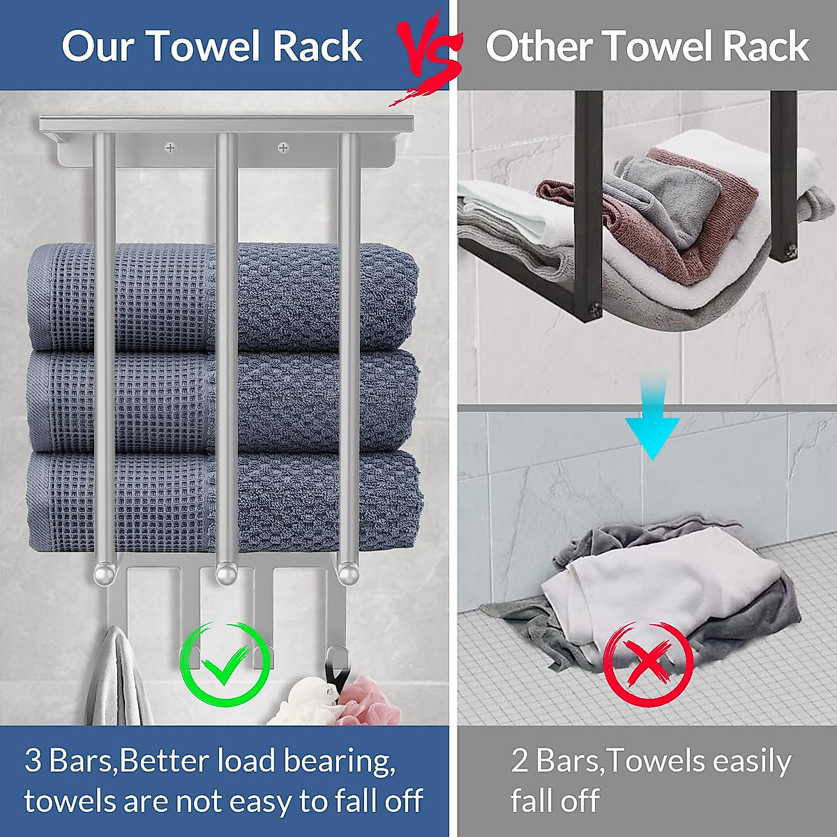 Bathroom Towel Rack with 4 Hooks - Wall Mount Towel Holder for Bathroom with Metal Shelf, Ideal Bathroom Storage Organizer and Decor（Grey）