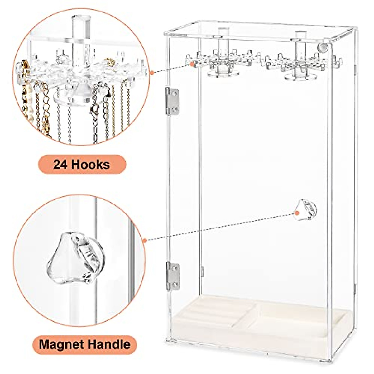 Necklace Holder, Acrylic Jewelry Organizer with 24 Hooks, Rotation Clear Necklaces Pendant Display Case Stand, Dust-proof Velvet jewelry Tray Hanging Rack Storage for Earrings Rings Necklaces