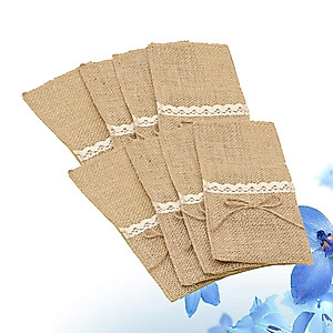Happyyami 10pcs Burlap Lace Utensil Holders Silverware Holders Cutlery Pouch for Rustic Wedding Christmas Party Decorations Favor