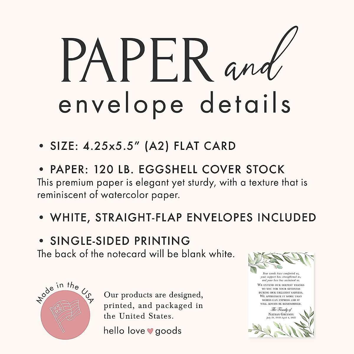 Hello Love Goods Greenery Funeral Thank You Cards, Sympathy Acknowledgement Cards, Bereavement Notes with Envelopes, 4.25x5.5 Flat Notecards