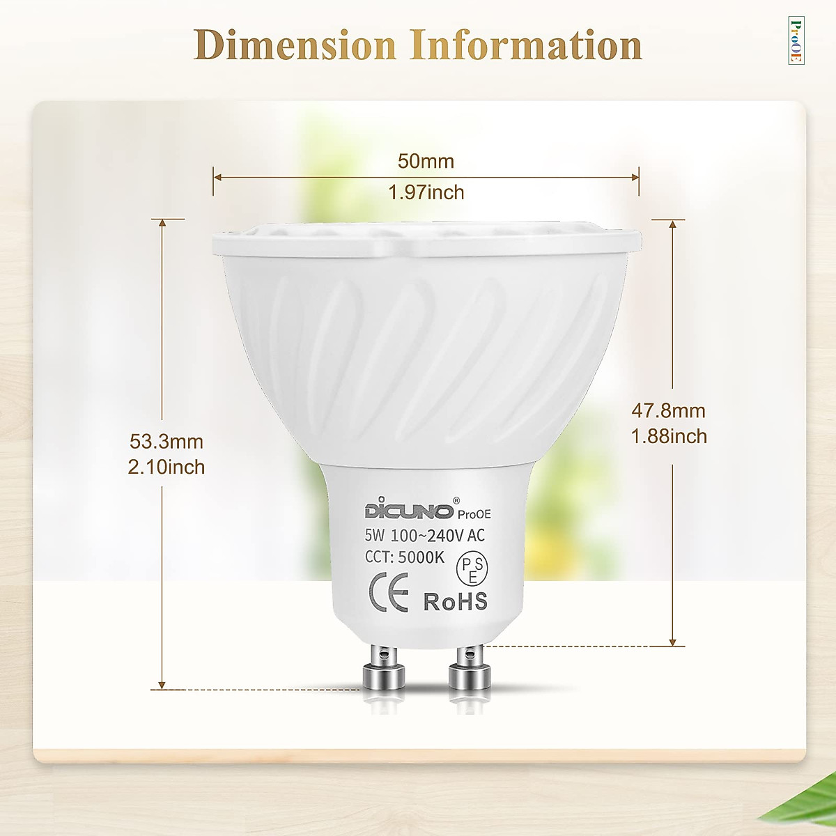 DiCUNO ProOE Eye-Protected GU10 LED Bulb, High CRI of 98, 5W Spotlight Bulb (50W Halogen Equivalent), 400LM and Daylight White 5000K, Replacement for Track Lighting and Recessed Lighting, 6 Pack