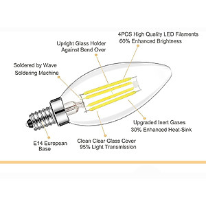 Lamsky E14 LED Bulb Dimmable,110V 400LM 40W Equivalent Daylight White 5000K,E14 European Base Candelabra LED Bulbs,C35 Clear Glass Torpedo Shape Bullet Top(12-Pack)