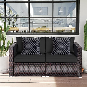 HAPPYGRILL 2 Pieces Patio Sofa Set Rattan Wicker Corner Sofa Set with Zippered Cushions for Backyard Balcony Porch Garden Poolside