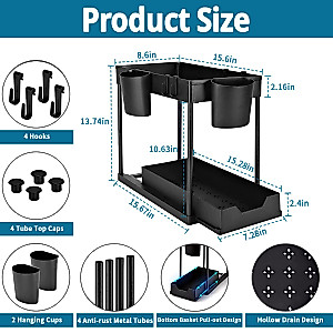 Under Sink Organizers and Storage, Pull Out Undersink Organizers Basket, 2 Tier Bathroom Cabinet Storage with Towel Rack Hooks, Hanging Cup, Multi-purpose Storage Shelf for Kitchen Toilet