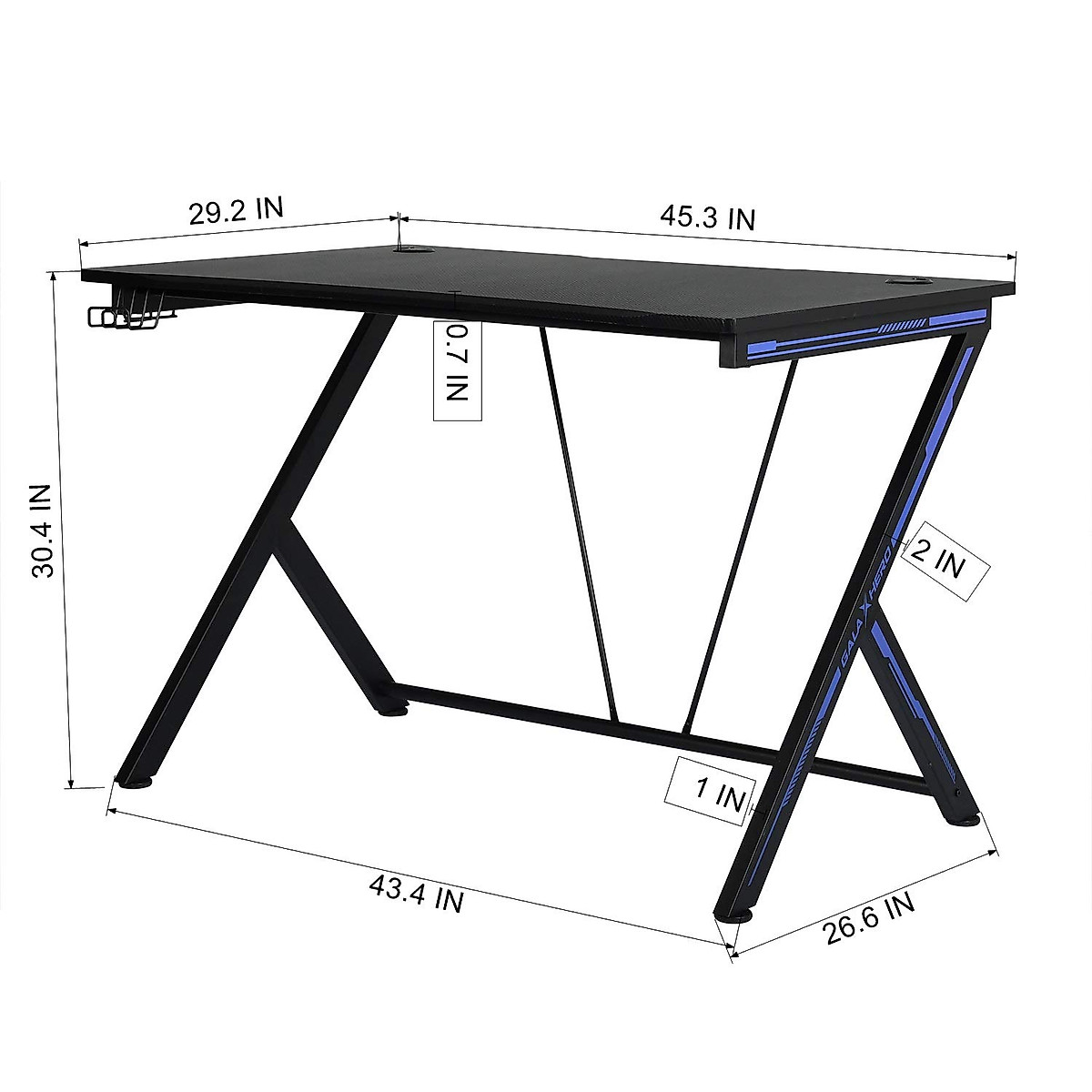 FurnitureR 45.3'' Gaming Desk Black Computer Desk with Cup Holder and Headphone Hook Modern Gamer Workstation Game Table, 45.3 x 29.2 x 30.4 in