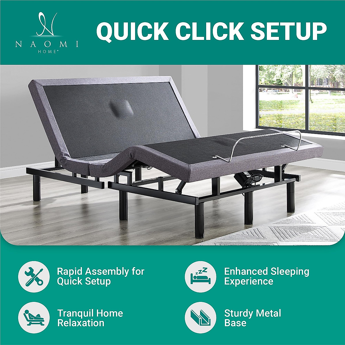 Naomi Home Idealbase Adjustable Bed Frame Full with Lumbar Support & Head Tilt, Foot Incline, Back & Leg Massage, USB Ports, Massage Bed with Wireless Remote, Ergonomic Zero-Gravity Smart Bed