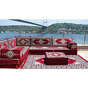 Maroon L Shaped Sectional Sofas, Arabic Sofa Set, Terrace Pallet Sofa, Floor Cushions, Arabic Majlis, Pouffs, Turkish Floor Seating Set (L Sofa + Rug + Ottoman, 8'' Thickness (20 cm))