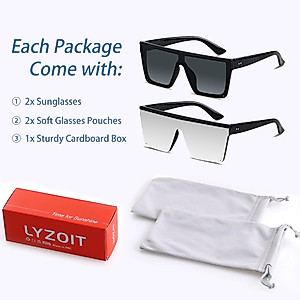 LYZOIT Square Oversized Sunglasses for Women Men Big Flat Top 2 pack Fashion Shield Large UV Protection Rimless Shade Silver Mirrored Sun glasses