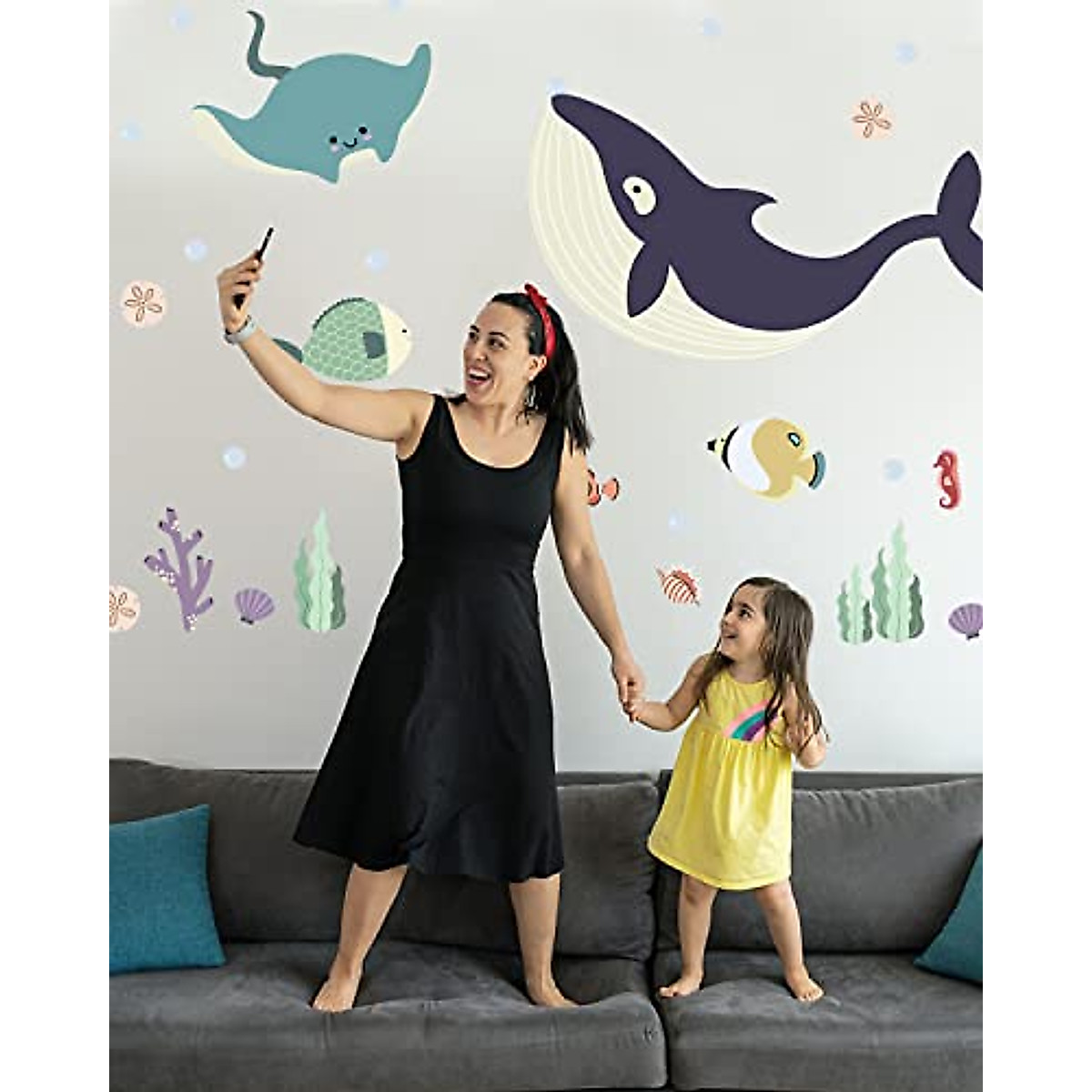 Ocean Fish Wall Decals Peel and Stick 39" Large Whale Wall Decal Under The Sea Wall Stickers for Kids Bedroom Ocean Decal Stickers for Baby Girl Boy Room Decor Undersea Fish Decor Wallpaper Stickers Mural Wall Art for Nursery Underwater Fish Decal