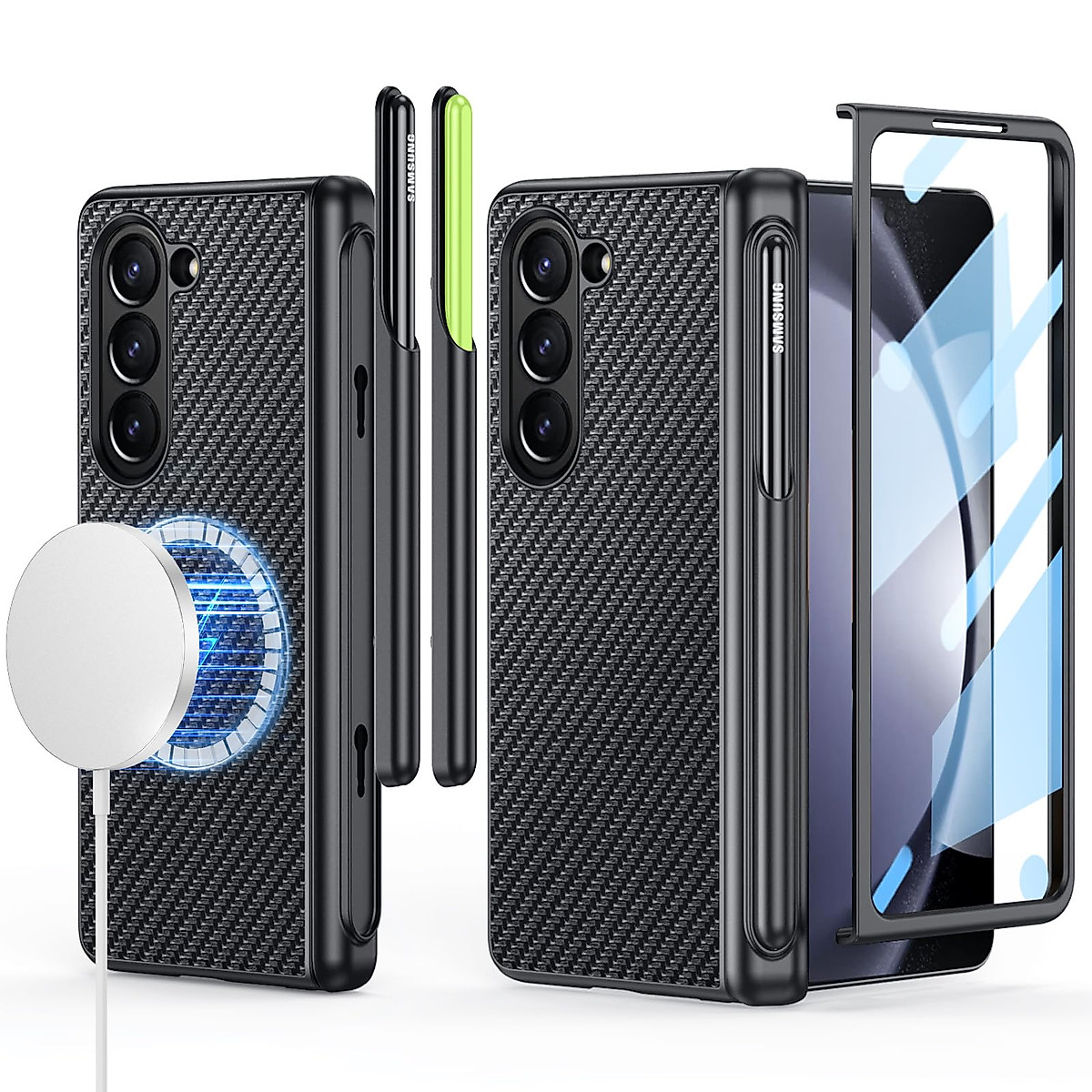 Libeagle Compatible with Samsung Galaxy Z Fold 5 Case, Support All Magsafe Accessories, Leather Back, Include Both Removable Old & New Slim S Pen Holder (2023) on Hinge,Cover 5G-Carbon Fiber