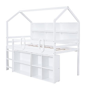 Harper & Bright Designs Twin Size House Loft Bed with Multiple Storage Shelves,Wood Kids Loft Bed with Storage,Twin Playhouse Bed for Boys, Girls, White