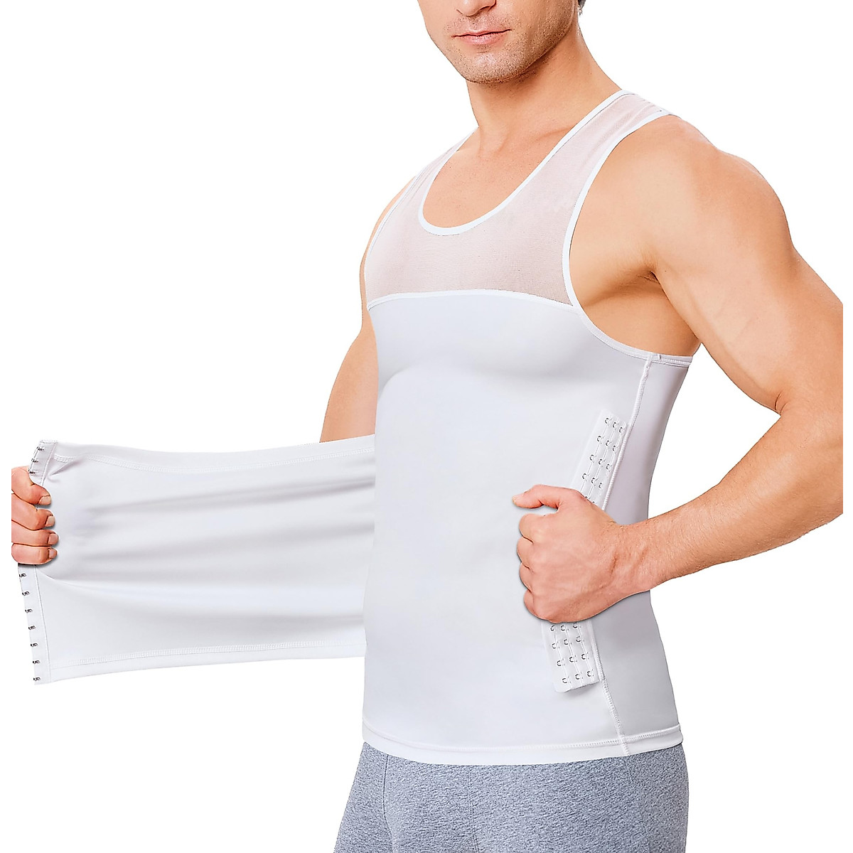 Men Body Shaper Slimming Vest Tight Tank Top Compression Shirt Tummy Control Underwear Moobs Binder (White, L)