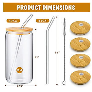 Transparent Glass Cups with Bamboo Lids and Glass Straw, 4pcs 16oz Can Shaped Glass Cups, Beer Glasses, Iced Coffee Glasses, Cute Tumbler Cup, Ideal for Cocktail, Whiskey, Bonus 2 Cleaning Brushes