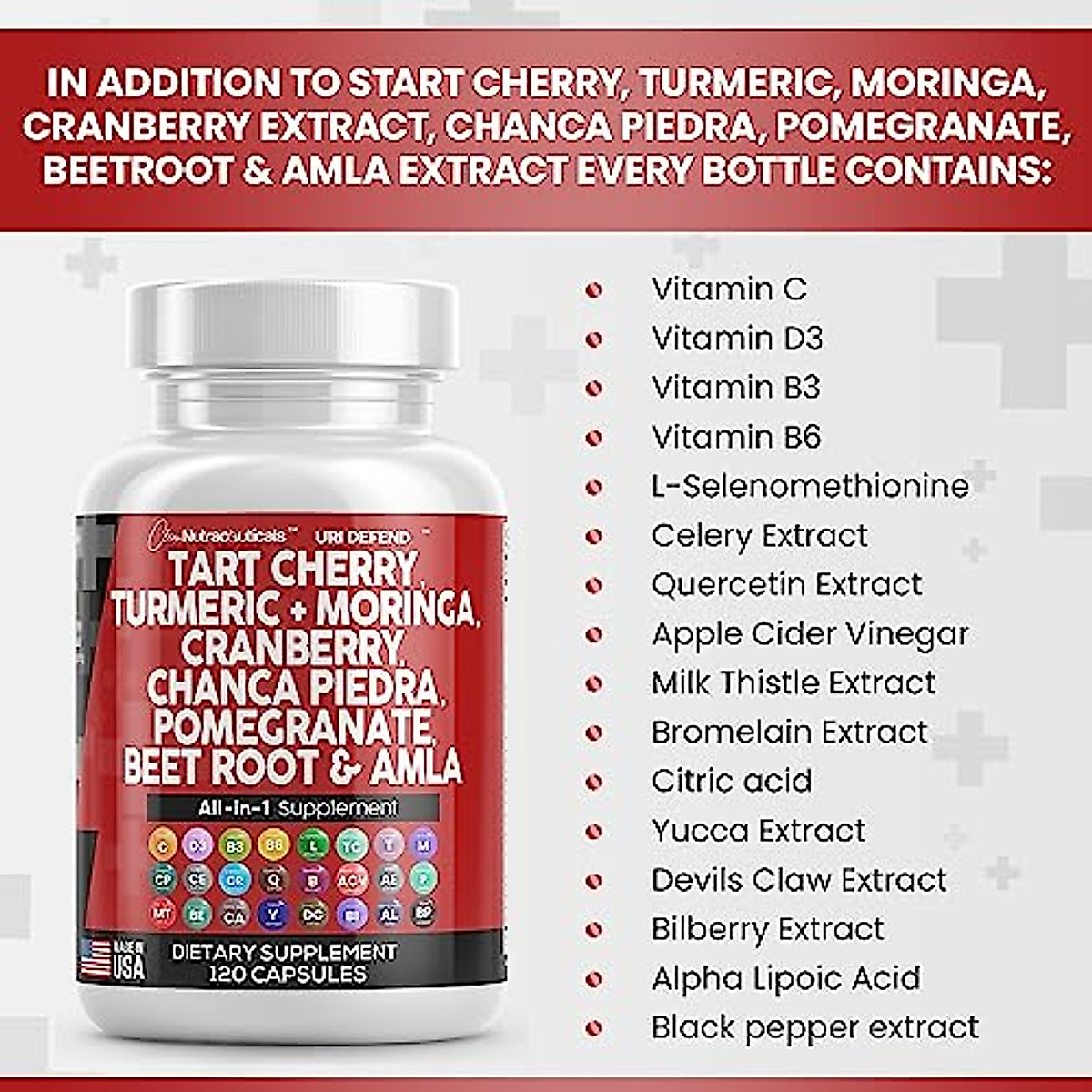 Tart Cherry Extract Capsules 20,000mg with Turmeric 8000mg Moringa 4000mg Cranberry 2000mg Chanca Piedra Celery Quercetin Beet Root ACV Pomegranate L Selenomethionine - Uric Levels - 120 Ct USA