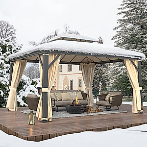 YOLENY 12'x14' Hardtop Gazebo, Permanent Outdoor Aluminum Patio Gazebo with Aluminum Composite Double Roof for Patio Lawn and Garden, Curtains and Netting Included