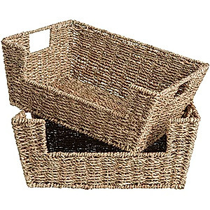 StorageWorks Seagrass Storage Baskets, Hand-Woven Open-Front Bins with Handles, 2 Pack