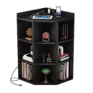 YQ JENMW Corner Storage Cabinet with Charging Station and Outlets, 9 Cubby Corner Bookshelf Bookcase with USB Ports and Outlets, Corner Night Stand Printer Stand for Small Corner Space,Black