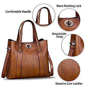 Genuine Leather Handbags for Women Satchel Purses Vintage Handmade Shoulder Bag Cowhide Top Handle Handbag Totes (Brown)