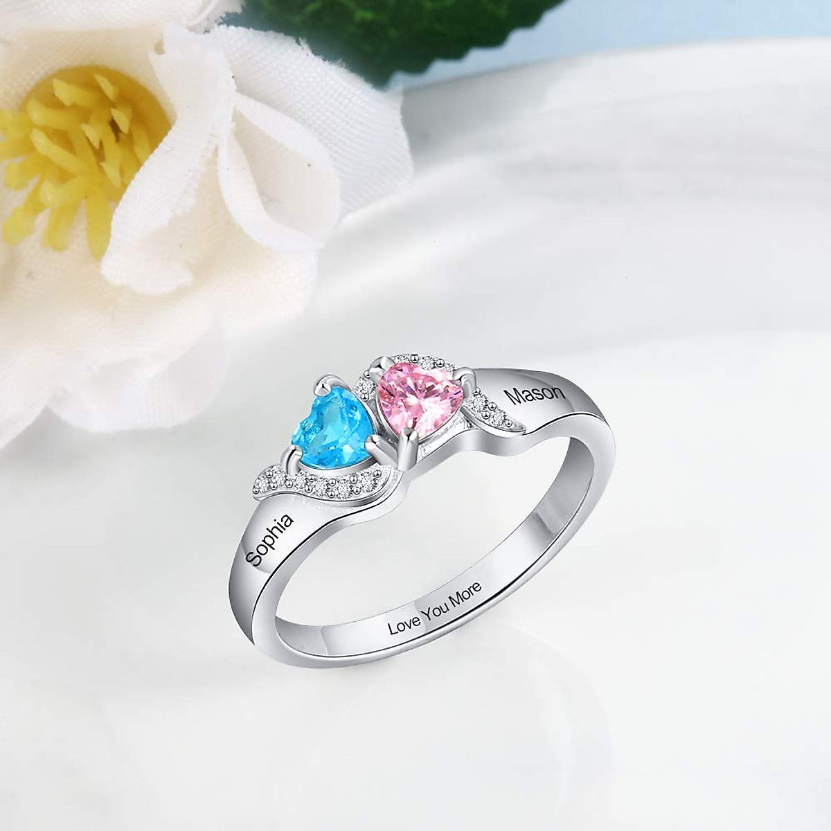 Personalized Promise Rings for Her with 2 Simulated Birthstones Mother Rings Custom Couples Name Ring for Women (7)