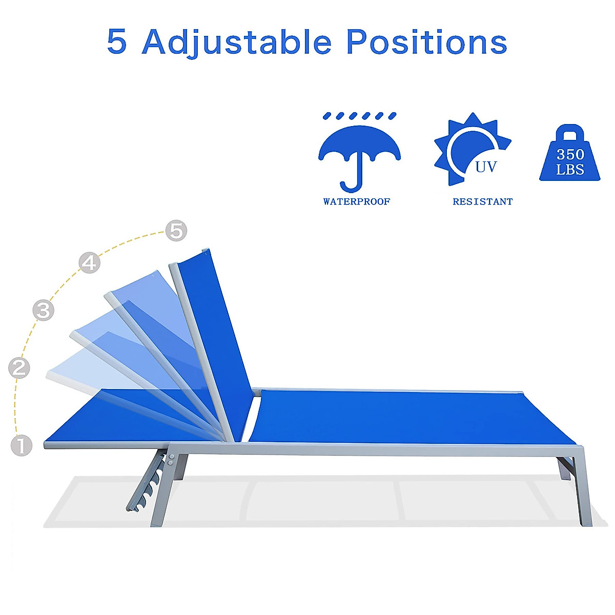 Domi 3 Pieces Adjustable Chaise Lounge Set Outdoor Patio Lounge Chair All Weather Five-Position Recliner Chair Set w/Coffee Table for Patio, Pool, Yard (Blue)