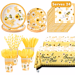 194PCS Bumble Bee Themed Party Supplies Bee Party Decorations - Bee Paper Plates and Napkins, Tablecloth, Tableware, What Will It Bee Gender Reveal Birthday Baby Shower Party Supplies, Serves 24