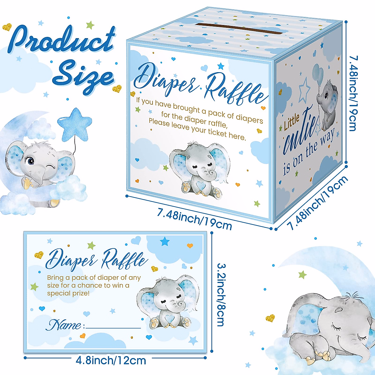 Teling 51 Pieces Diaper Raffle Tickets with Diaper Raffle Card Box Baby Shower Decorations Baby Shower Holder Box for Girl Boy Diaper Raffle Party(Blue Elephant)