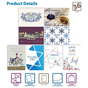 Better Office Products 36 Pack Bar Mitzvah & Bat Mitzvah Cards, Mazel Tov Jewish Celebration Cards with Envelopes, Bulk Set, Classic 5 x 7 Inch Size, 8 Unique Cover Designs with Heartfelt Sentiments