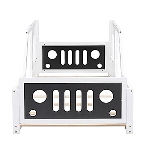 Aiuyesuo Twin Size Classic Car-Shaped Platform Bed with 2 Wheels and Headboard, Wooden Platform Bed Frame with 2 Doors and Windows for Kids Boys Girls, Wheels Shape, Space Saving (White-TK)