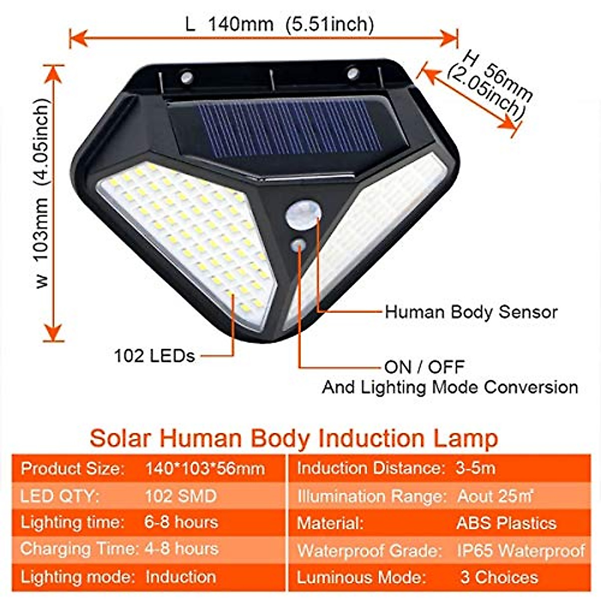 HFFFHA 2 Side 102LED PIR Motion Sensor Solar Energy Street Lamp 3 Lighting Modes Yard Path Home Garden Solar Power Induction Wall Light