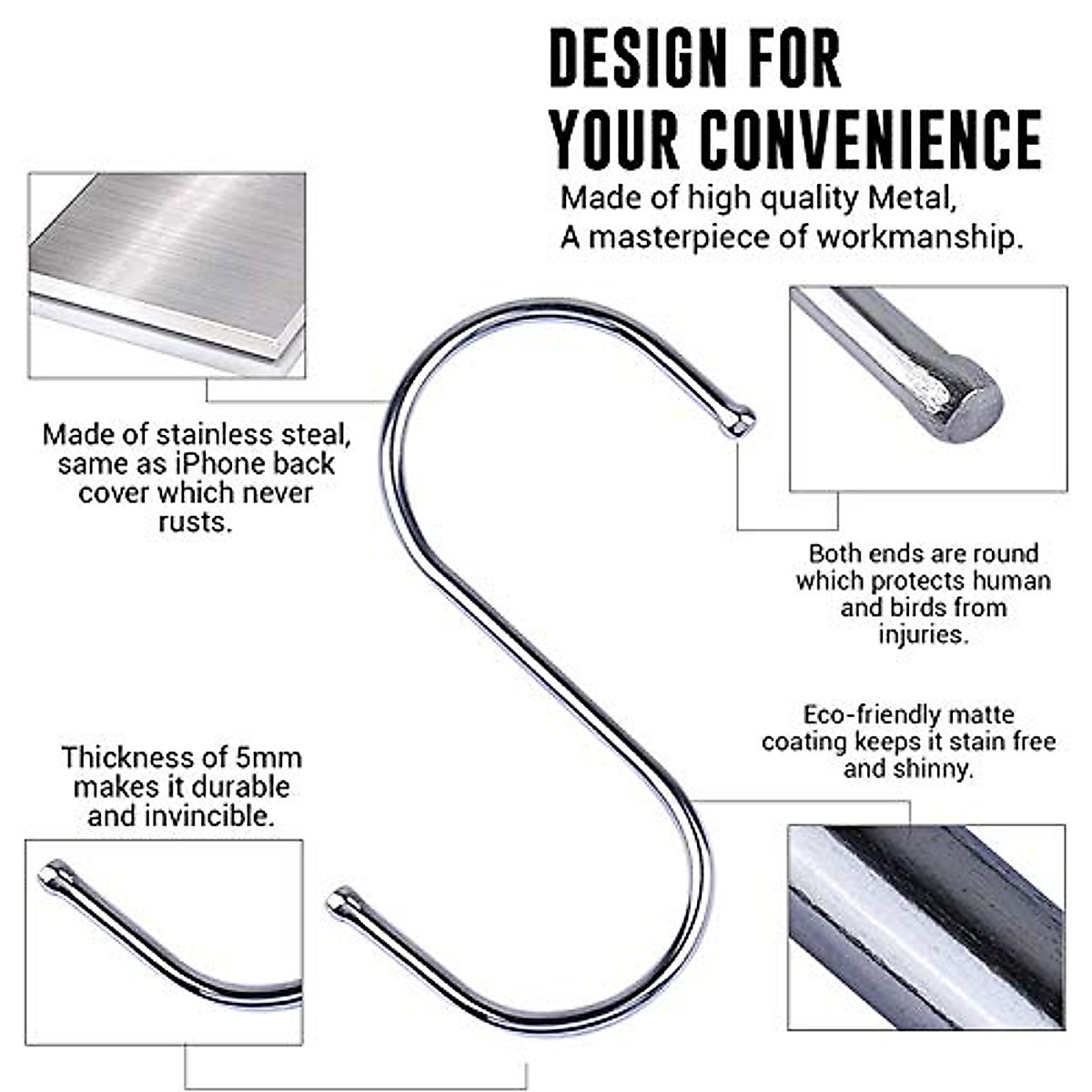 WHITECLOUDZ 30 Pack S Hooks for Hanging Plants, Stainless Steel S Hooks Heavy Duty for Hanging Clothes, Durable Large S Shaped Closet Hooks for Kitchen