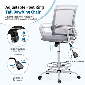 JHK Tall Drafting Home Office Computer Standing Desk Chair with Adjustable Foot Ring and Breathable Mesh, Ergonomic Lumbar Support Armrest, Grey