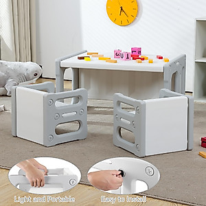 DOREROOM 4 in 1 Kids Table and 2 Chairs Set with Storage, Toddler Table and Chair Set for Kids Ages 3-10, Graffiti & Building Blocks Double-Sided Tabletop (Gray, 2 Chairs)