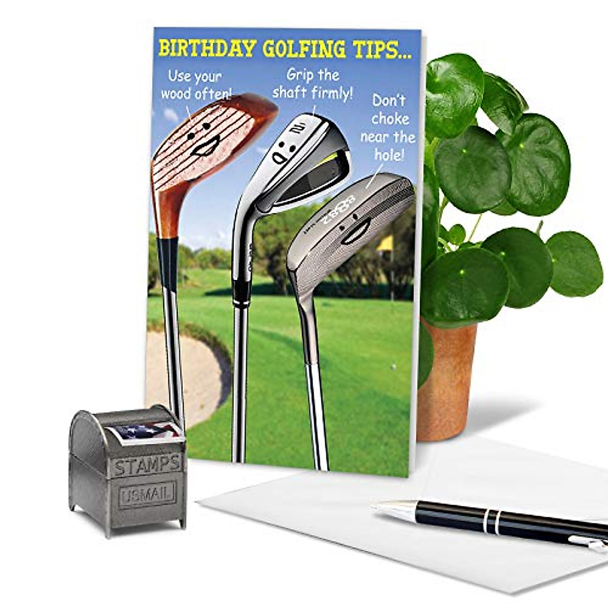 NobleWorks - Funny Men's Happy Birthday Card with Envelope - Golf Humor Greeting Card for Men, Husband - Sports Advice, Comic Stationery - Golfing Tips 9002