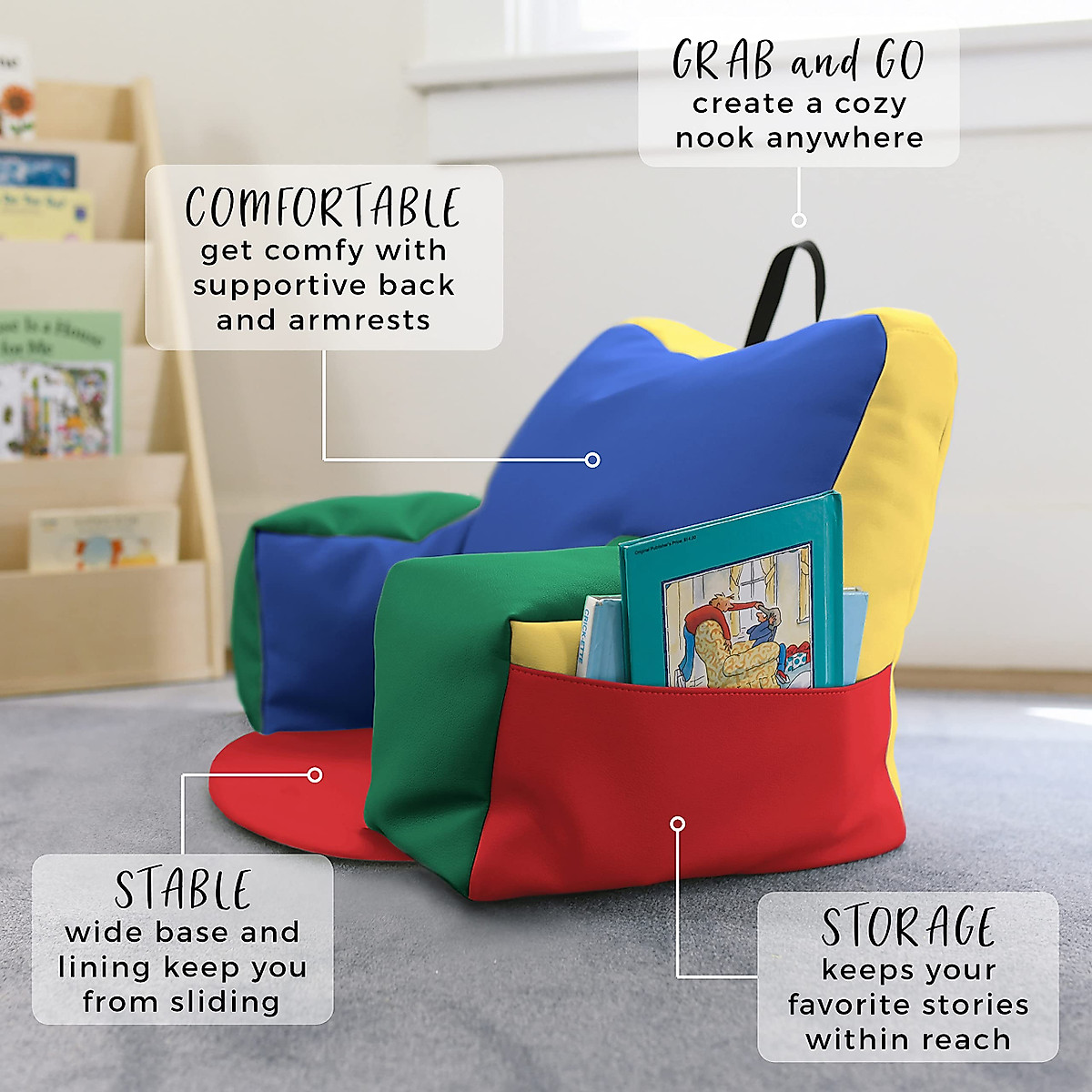Factory Direct Partners 10475-AS SoftScape Relax-N-Read Bean Bag Chair with Supportive Back Rest and Storage Pockets - Assorted