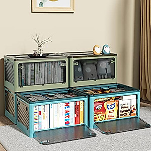 ANMINY Lidded Plastic Storage Bin 5-Door Collapsible Stackable Portable Crate Clear Storage Box Container Basket with Wheels Handles Lid for Outdoor Grocery Travel Car Truck Use - Green, Large