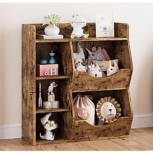 GarveeHome Rustic Brown Toy Storage Cabinet, 5-Cubby Kids Bookshelf and Bookcase, Multi Shelf with Cubby Organizer for Storage Books and Toys, for Kindergarten, Bedroom, Playroom