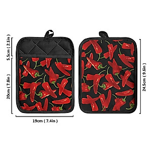WELLFLYHOM Red Chili Hot Pads for Kitchen Set of 2 Pot Holders with Pocket Pepper Graphic Cotton Potholders Women Men Cooking Baking Microwave Machine Washable Oven Mitts