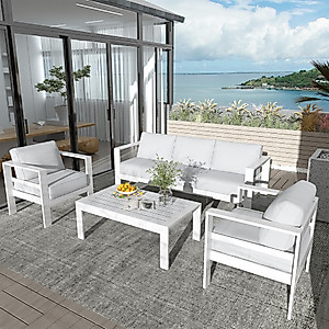 MU Aluminum Patio Furniture Set, 5 Pieces Modern Outdoor Sectional Sofa Couch with Upgrade Cushion and Coffee Table, Oversized Patio Conversation Set, White Frame and Light Grey Cushion