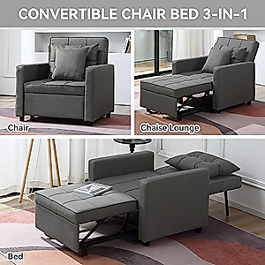 BIGSYY 3-in-1 Chair Bed, Folding Sofa Bed with Adjustable Backrest, Pull Out Sleeper Chair Bed, Multi-Functional Single Armchair,Modern Linen Fabric Chair Bed (Linen Dark Grey)