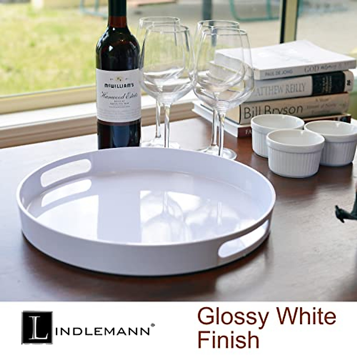 LINDLEMANN Serving Tray - Large Round Melamine White - Strong & Sturdy w/Built-in Handles for Easy Handling - Beautiful Gloss Finish, Elegant & Classy, Easter & Mothers' Day Gift (White,13.5 inches)