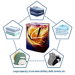 Burning Basketball Glowing Lights Print Collapsible Laundry Hamper, 60L Waterproof Laundry Baskets Washing Bin Clothes Toys Storage for Dorm Bathroom Bedroom