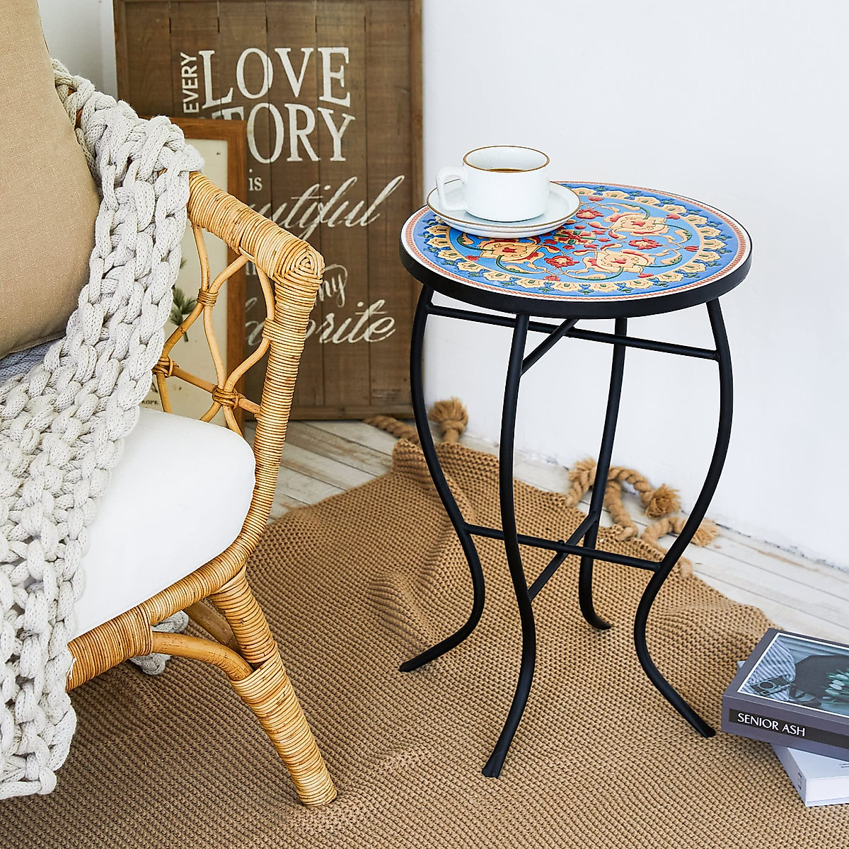 VONLUCE 21" Mosaic Plant Stand, 14 Inch Round Side Table with Ceramic Tile Top, Indoor and Outdoor Accent Table, Outdoor Patio Furniture, End Table for Garden Patio Living Room More, Blue