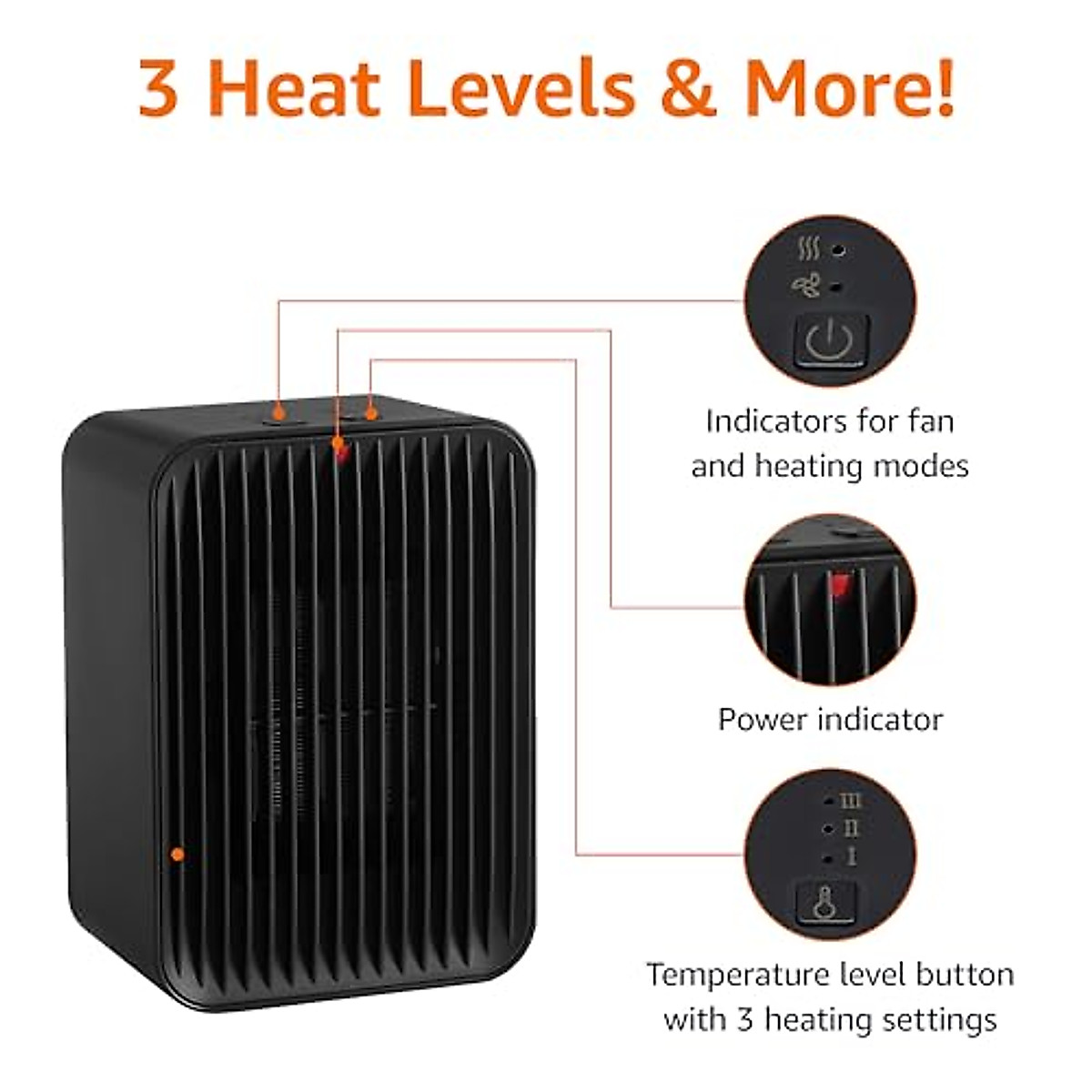 Amazon Basics Ceramic Space Heater, Electric Heater for Indoor Use With 3 Heat Settings, Temperature Control, Lightweight (1.7 LBS), 520W, 5.1"L x 3.5"W x 7"H
